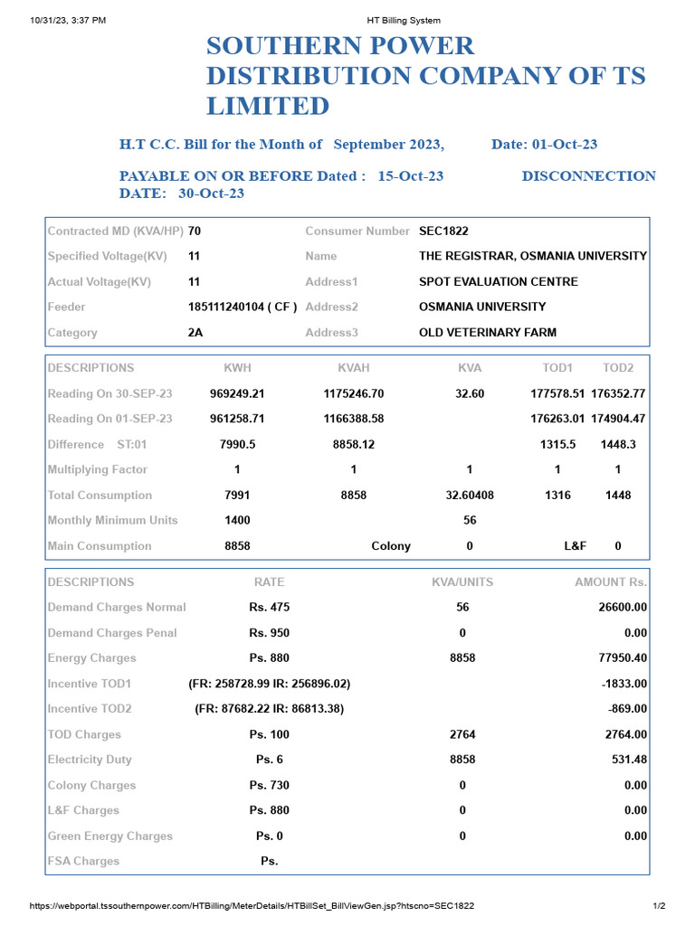 September 2023 HT Bill Details | PDF | Physical Quantities | Electrical ...