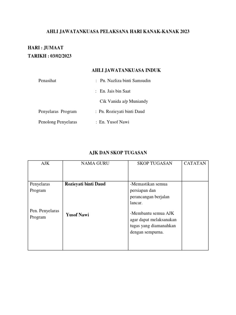 Ajk Sambutan Hari Kanak-Kanak Peringkat Sekolah | PDF Ajk Sambutan Hari Kanak-Kanak Peringkat Sekolah | PDF