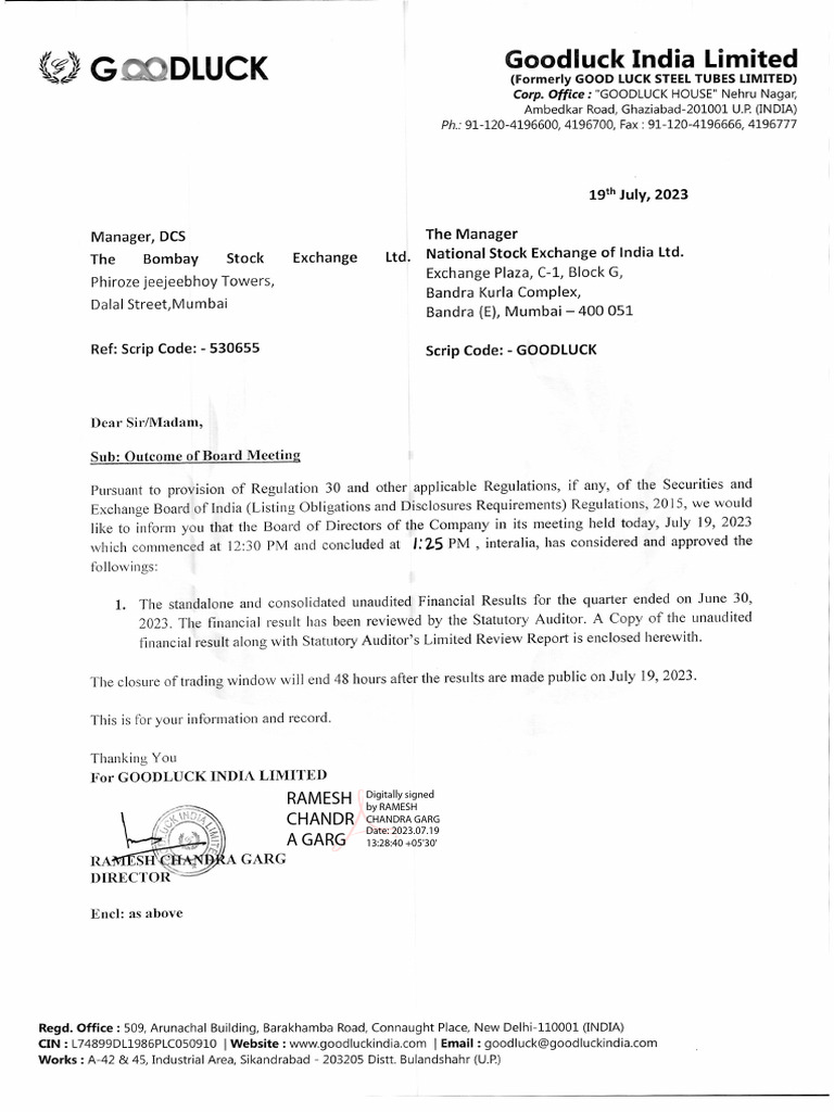 GOODLUCK 19072023135127 Outcomeofboardmeeting | PDF | Audit | Accounting