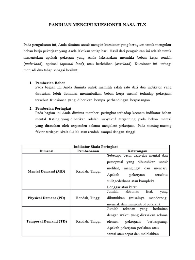 Kuesioner Nasa TLX | PDF