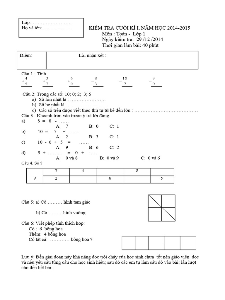 De Ktra Cuoi Ky Mon Toan Lop 1 | PDF
