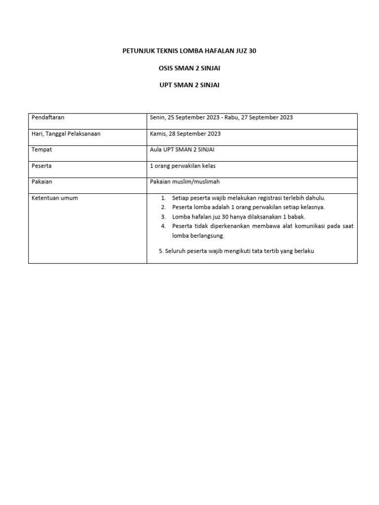 Juknis Lomba Hafalan Juz 30 | PDF