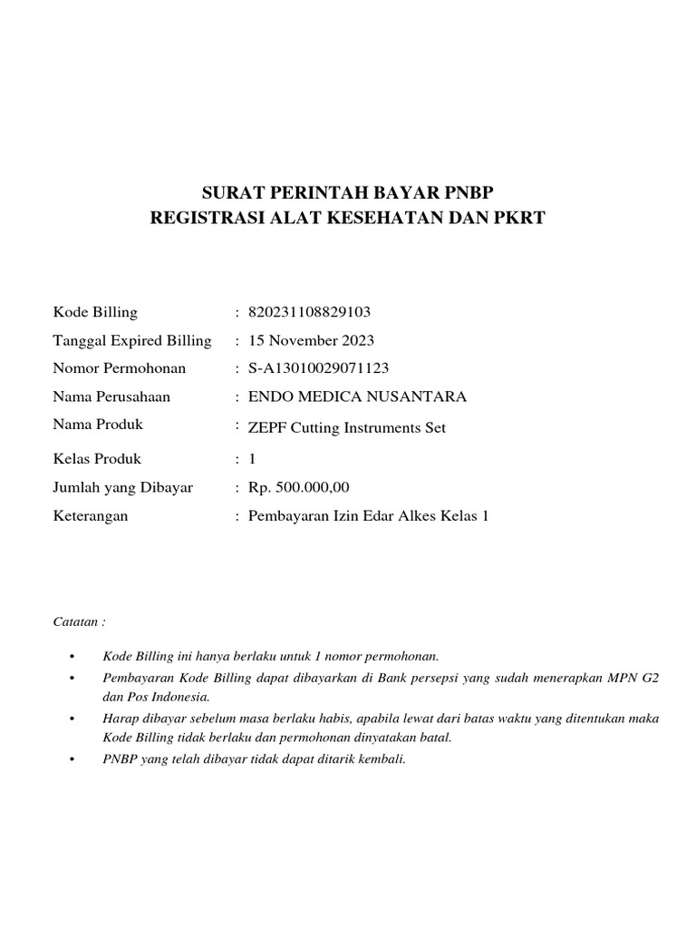Surat Perintah Bayar PNBP Registrasi Alat Kesehatan Dan PKRT | PDF