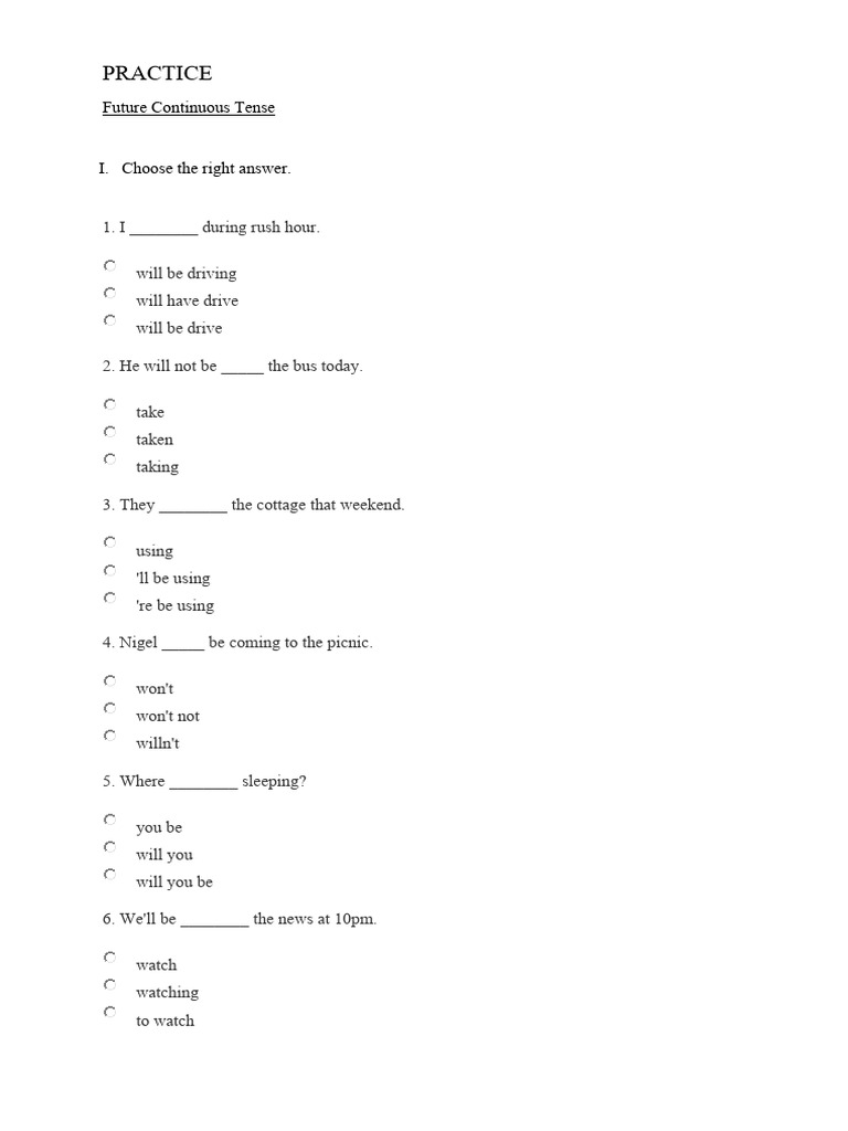 Future Continuous Tenses (PRACTICE) | PDF