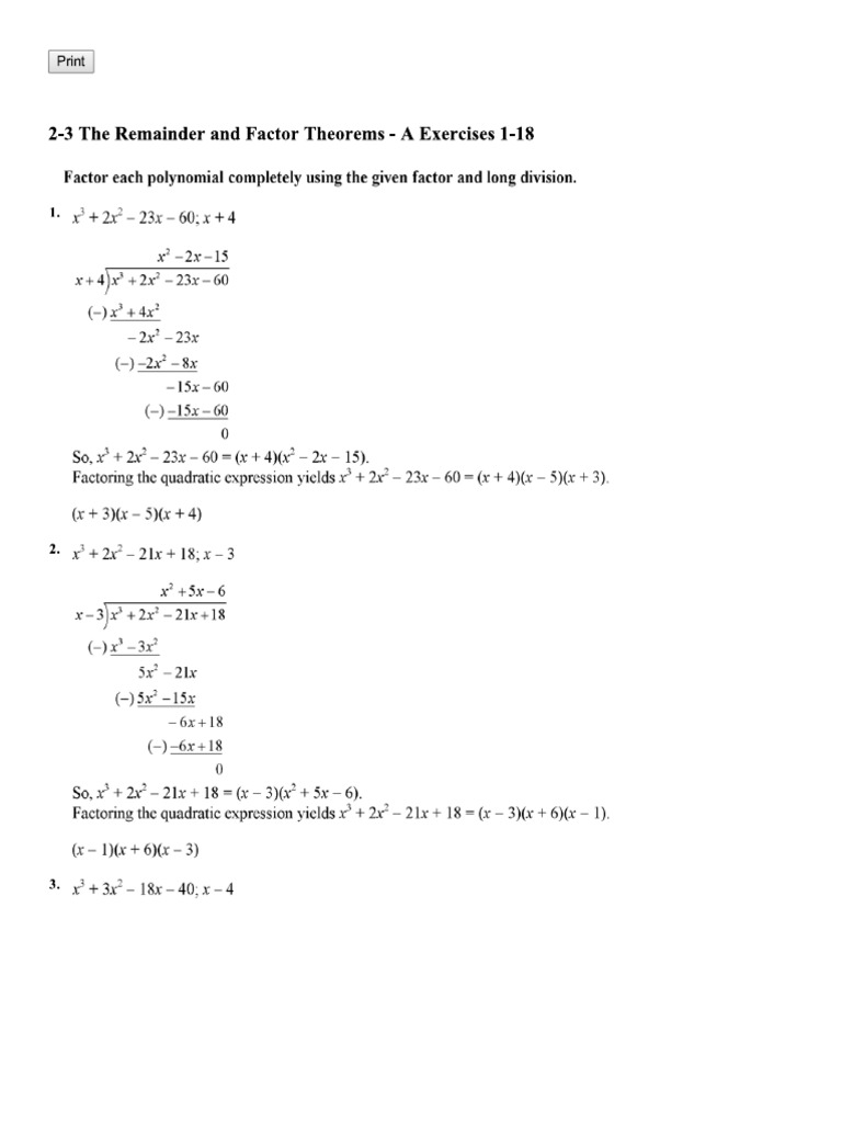 2-3 The Remainder and Factor Theorems | PDF