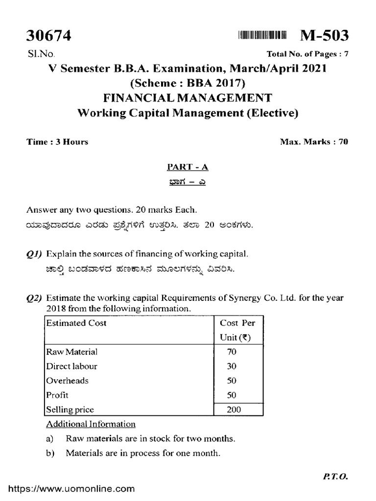 Bba 5 Sem Working Capital Management M 503 Apr 2021 | PDF