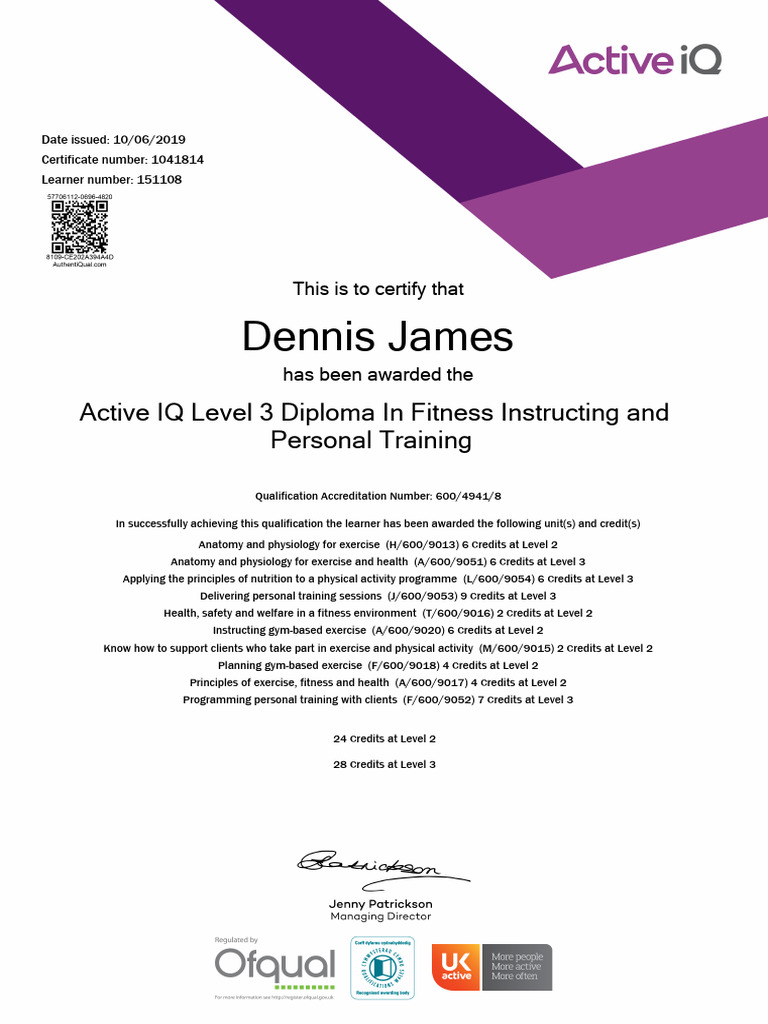 ECertificate (James, Dennis 22-10-1985) (Q) Active IQ Level 3 Diploma in Fitness Instructing and ...