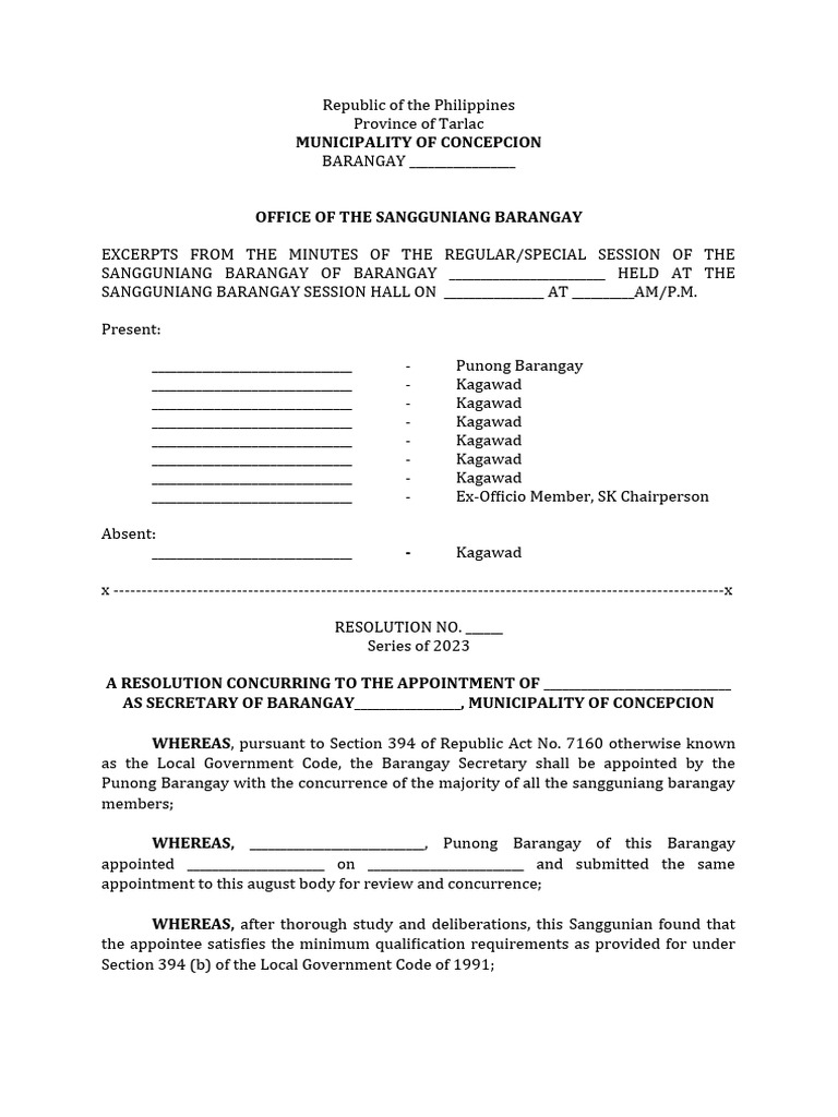 Resolution for Barangay Secretary Appointment | PDF | Government | Justice