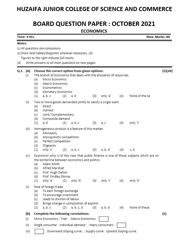 Board Question Paper Economics | PDF | Demand | Elasticity (Economics)