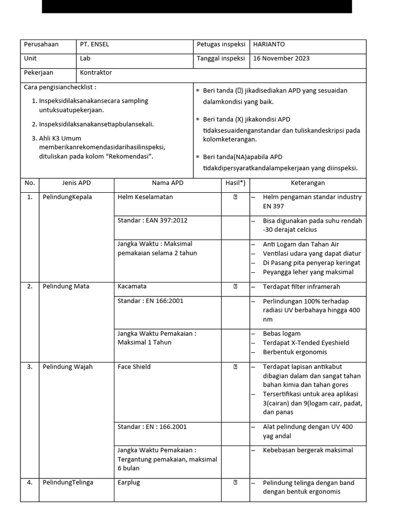 Form Inspeksi APD | PDF