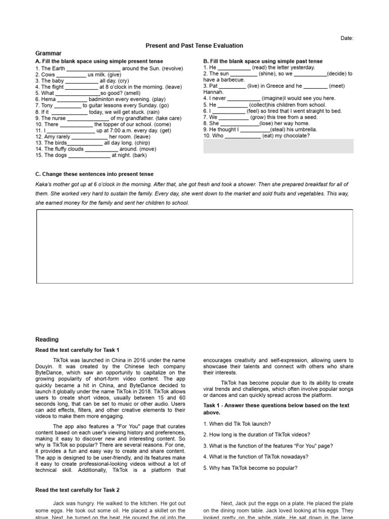 Evaluation - Present and Past Tense | PDF