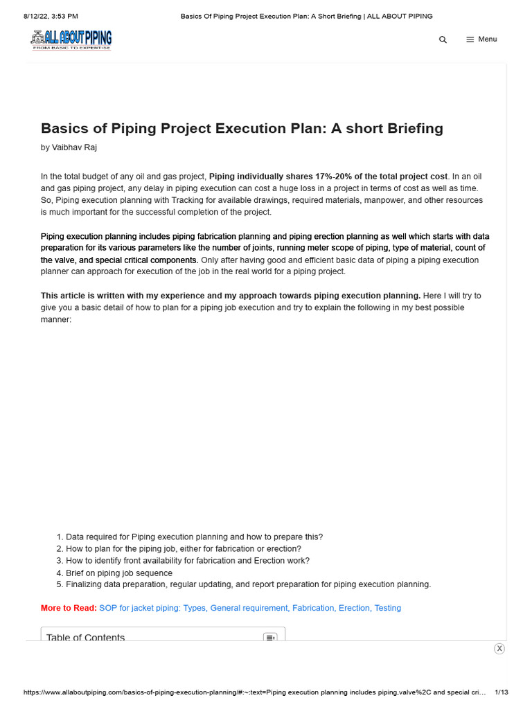 Basics of Piping Project Execution Plan - A Short Briefing - ALL ABOUT ...