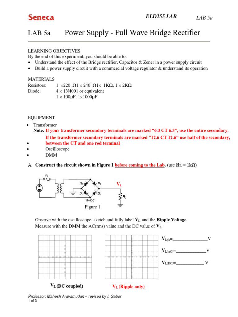 5 ELD255 Lab 5a - Bridge Rectifier Nov-23-18 | PDF | Rectifier | Capacitor