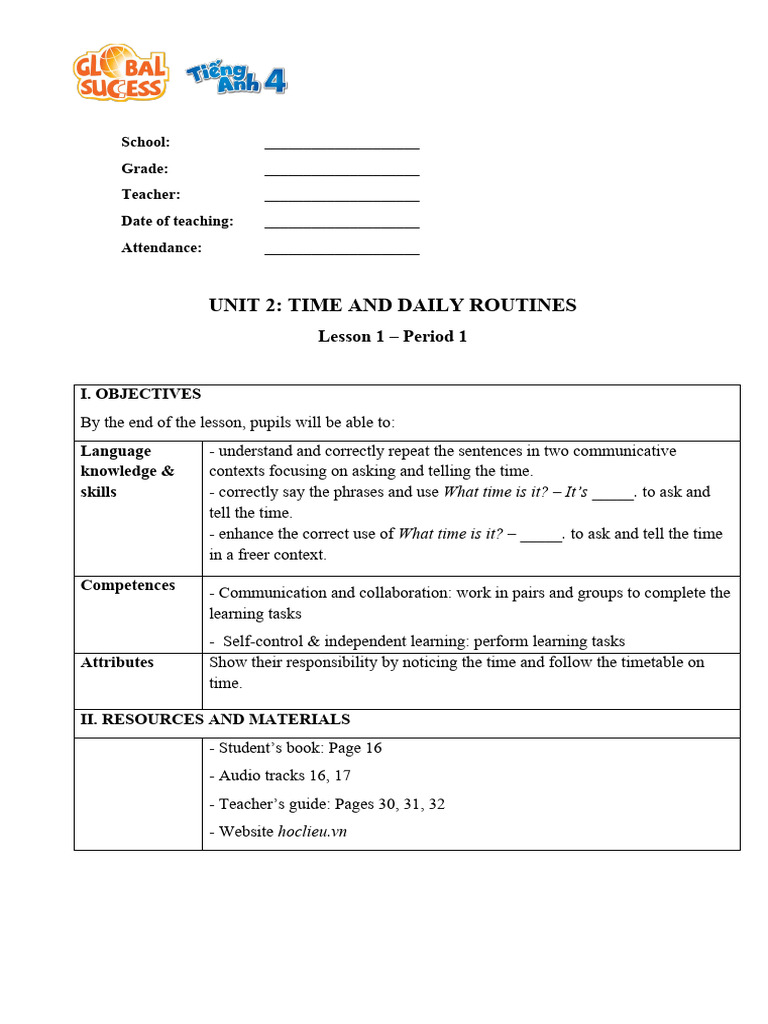 KHBD TIẾNG ANH 4 GLOBAL SUCCESS THEO CV 2345 WORD Unit 2 | PDF | Teachers | Reading Comprehension