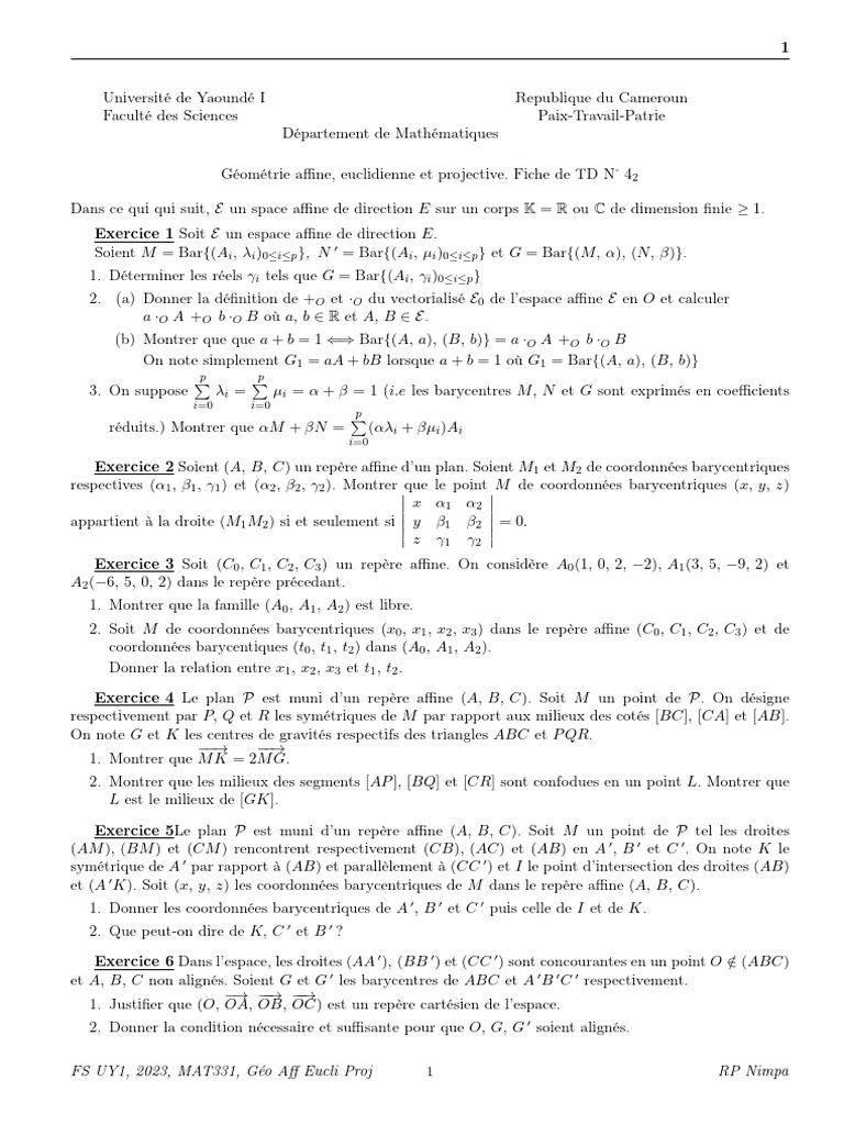 Exercices Corrigés sur les Espaces Affines | PDF | Coordonnées ...