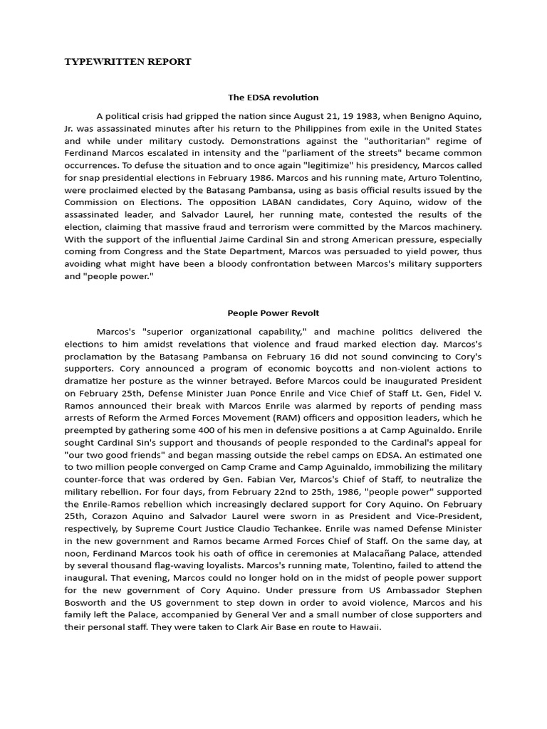TYPEWRITTEN REPORT EDSA Revolution | Download Free PDF | Corazon Aquino ...