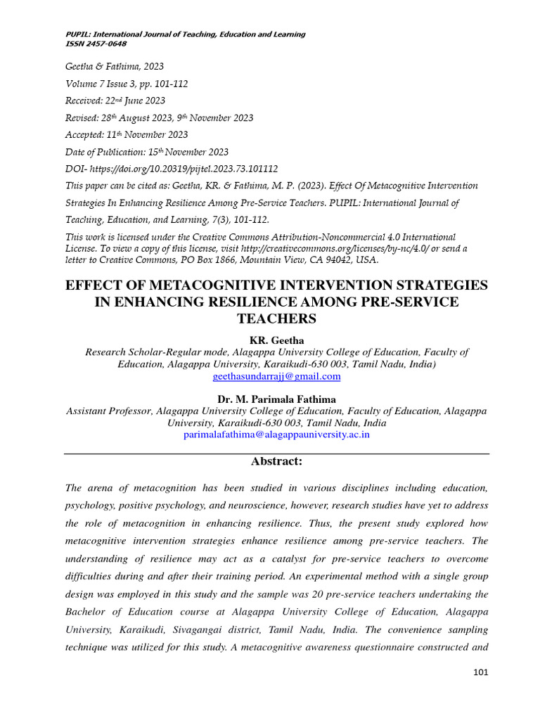 EFFECT OF METACOGNITIVE INTERVENTION STRATEGIES IN ENHANCING RESILIENCE ...