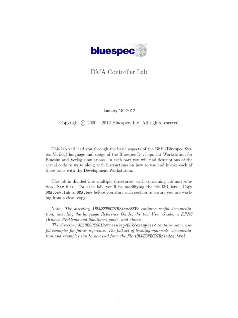 DMA Controller Lab: January 18, 2012 © 2000 - 2012 Bluespec, Inc. All Rights Reserved | PDF ...