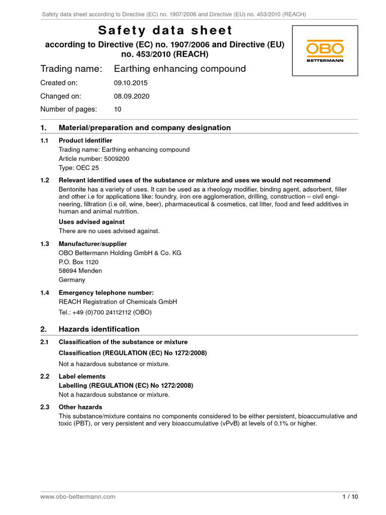 Safety Data Sheet, Earthing Improver Oec 25 | PDF | Toxicity ...