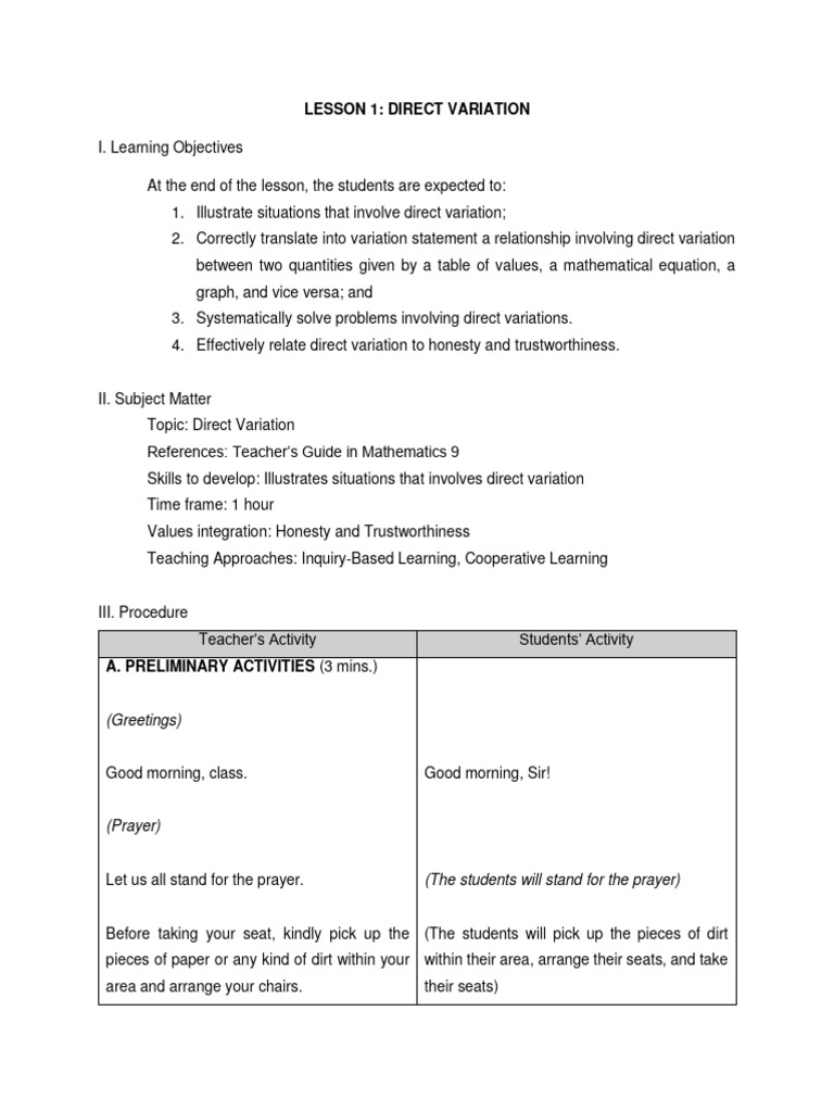 Detailed Lesson Plan - Direct Variation | PDF | Equations | Variable ...