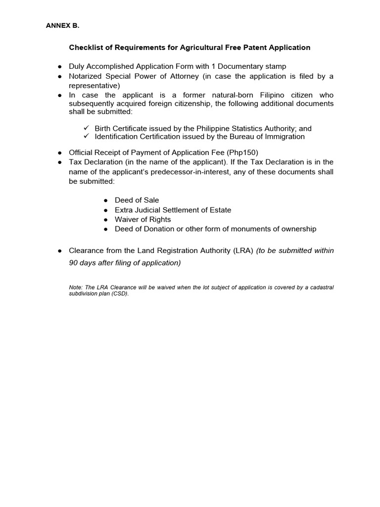 Agricultural Free Patent Application Checklist | PDF