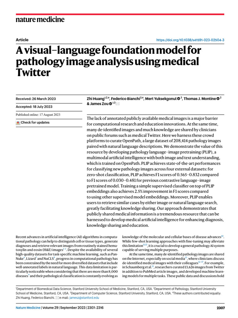 A Visual-Language Foundation Model For Pathology Image Analysis Using Medical Twitter | PDF ...