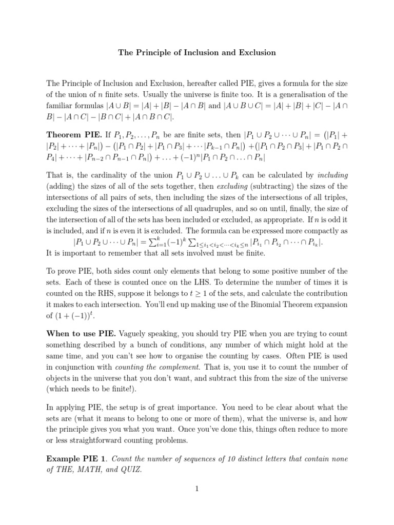 The Principle of Inclusion and Exclusion: N N N K 1 N N 2 N 1 N N N ...