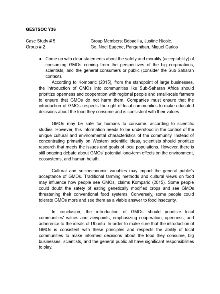 (GESTSOC Y36) Group 2 - Case Study #5 | PDF | Bioethics | Genetically Modified Organism