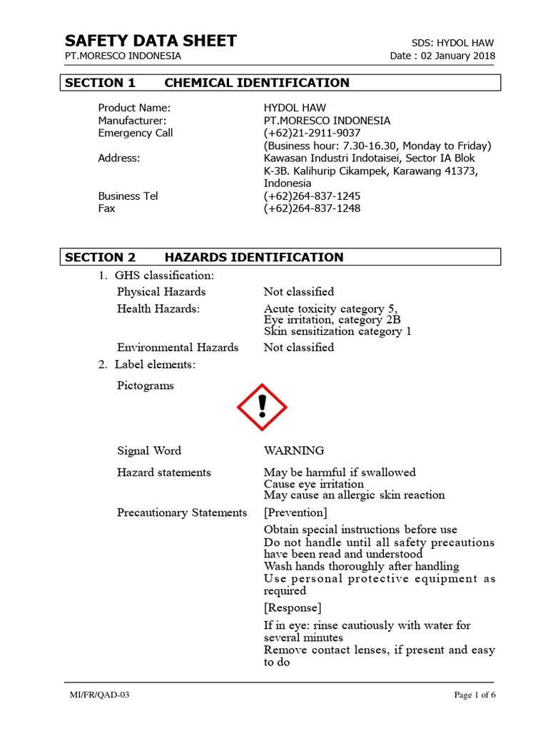 MSDS - Hydol Haw | PDF | Materials | Workplace