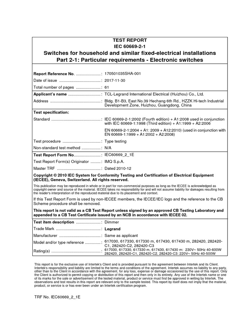 Electronic Switches Test Report IEC 60669 - 2 - 1 | PDF | Switch | Screw