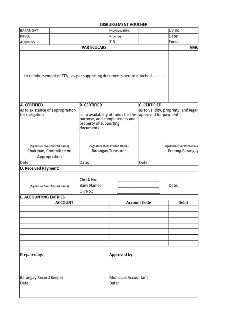 Disbursement Voucher For Barangay | PDF