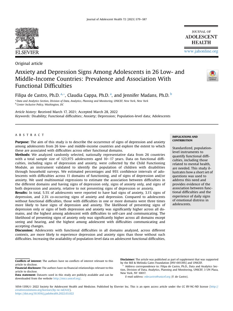 2023.de Castro - Anxiety and Depression Signs Among Adolescents in 26 Low | PDF | Sampling ...
