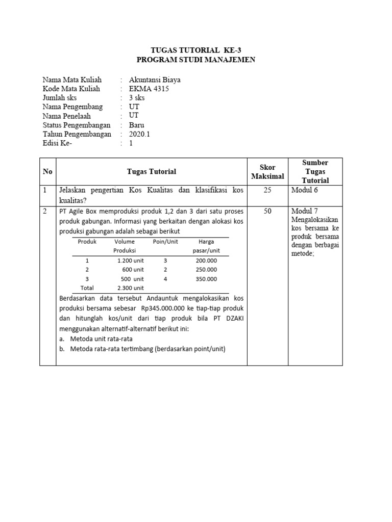 Tugas3 Akuntansi Biaya EKMA4315 | PDF Tugas3 Akuntansi Biaya EKMA4315 | PDF