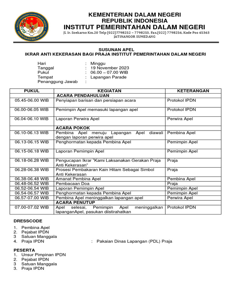 RUNDOWN APEL PEMBACAAN IKRAR GERAKAN PRAJA ANTI KEKERASAN | PDF