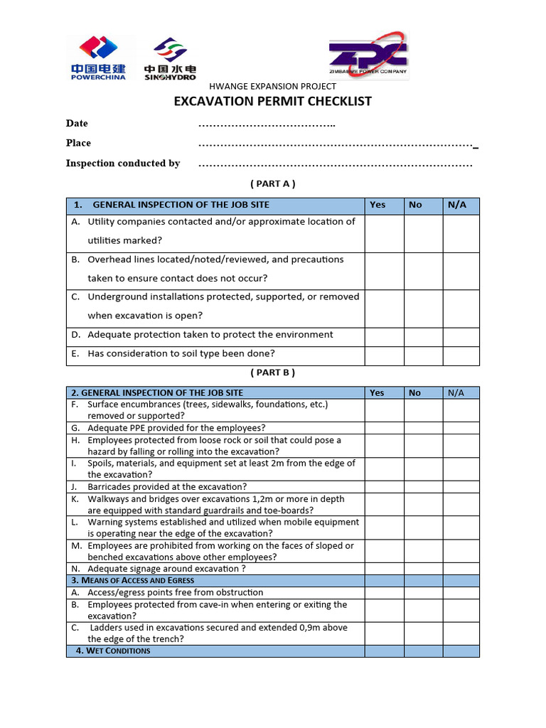 Excavation Permit Checklist | PDF | Safety | Occupational Safety And Health