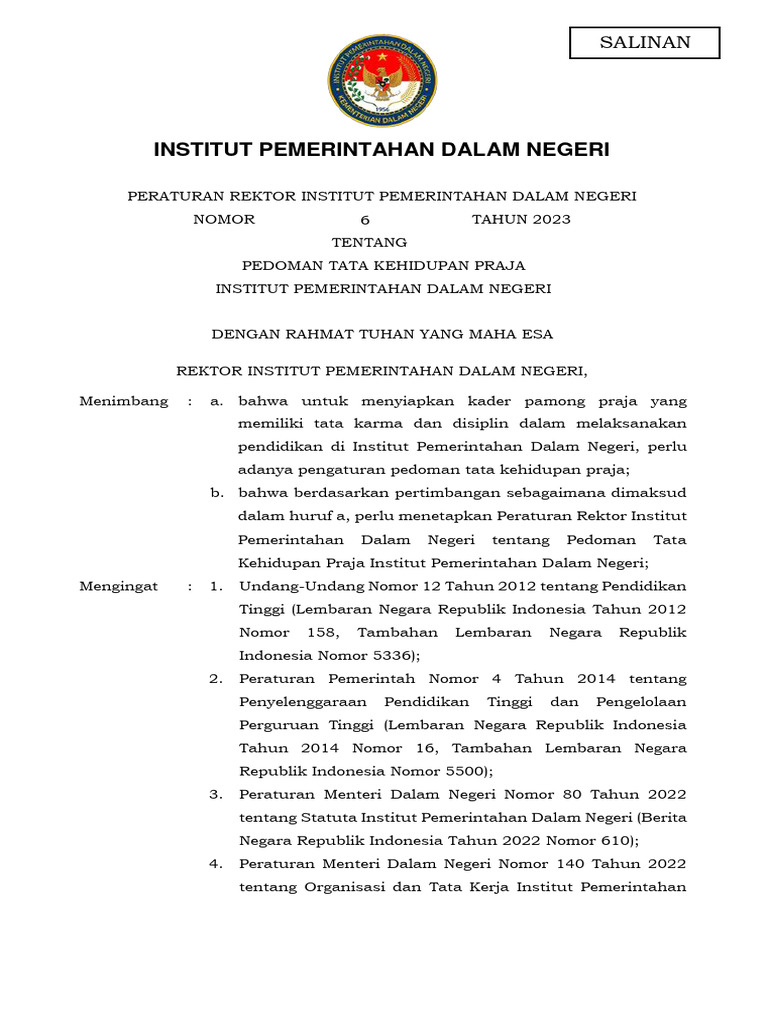 Salinan PR 6 2023 Tentang Petadupra Ipdn - Rapi | PDF