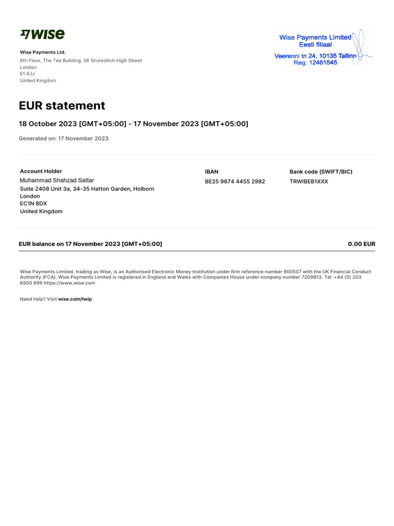Wise EUR Statement - November 2023 | PDF | Business