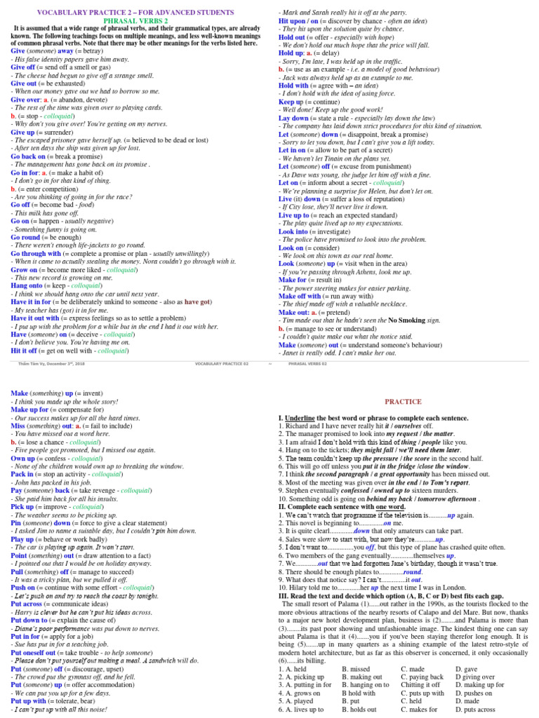 Advanced Phrasal Verbs Practice | PDF | Language Arts & Discipline