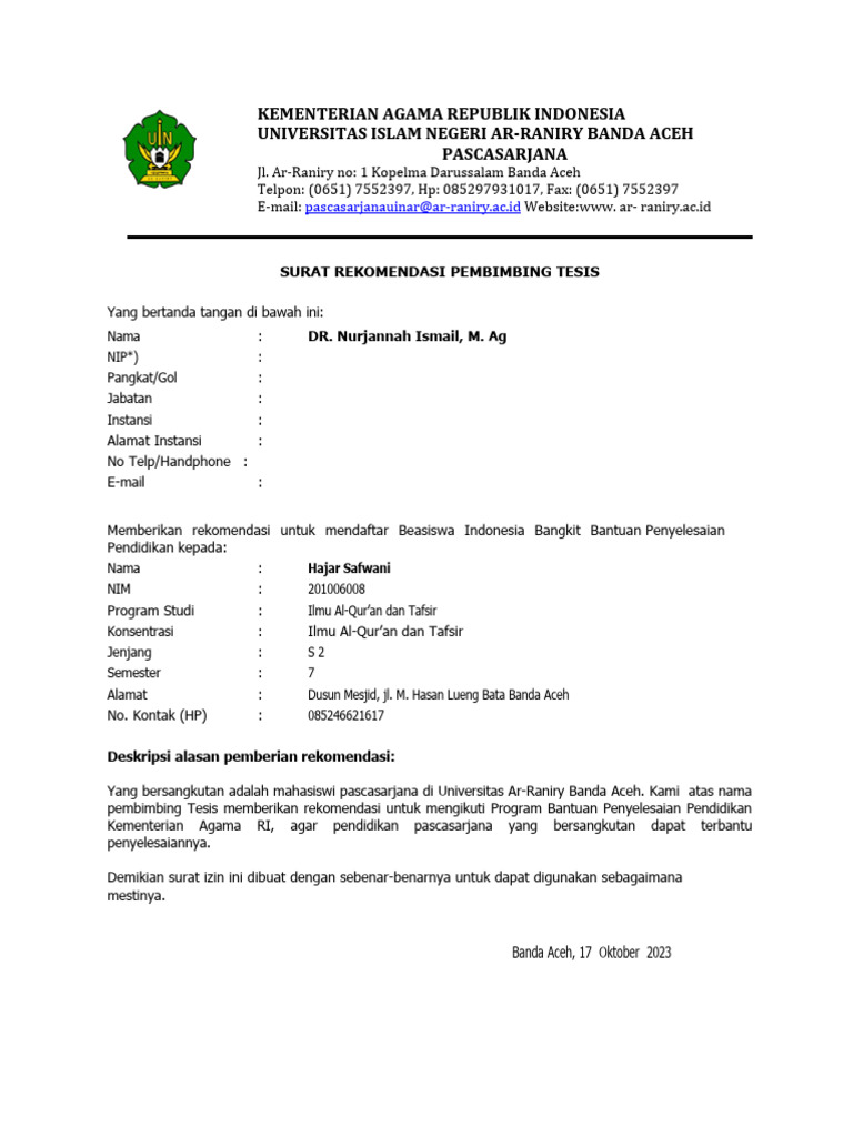 Rekomendasi Beasiswa Hajar Safwani | PDF