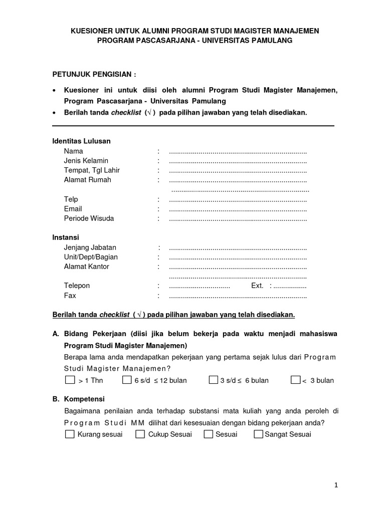 Kuesioner Untuk Alumni Program Studi Magister Manajemen Ok | PDF