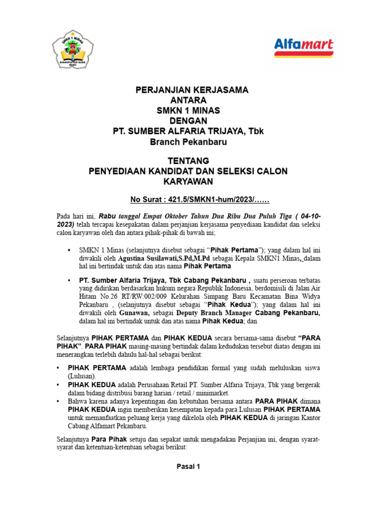 Draft Mou SMK Dengan Alfamart | PDF | Bisnis