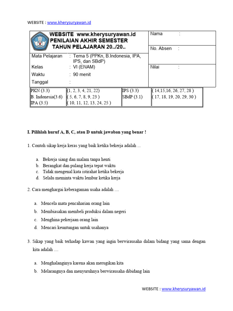SOAL & Jawaban PAS KELAS 6 TEMA 5 - WEBSITE WWW - Kherysuryawan.id | PDF