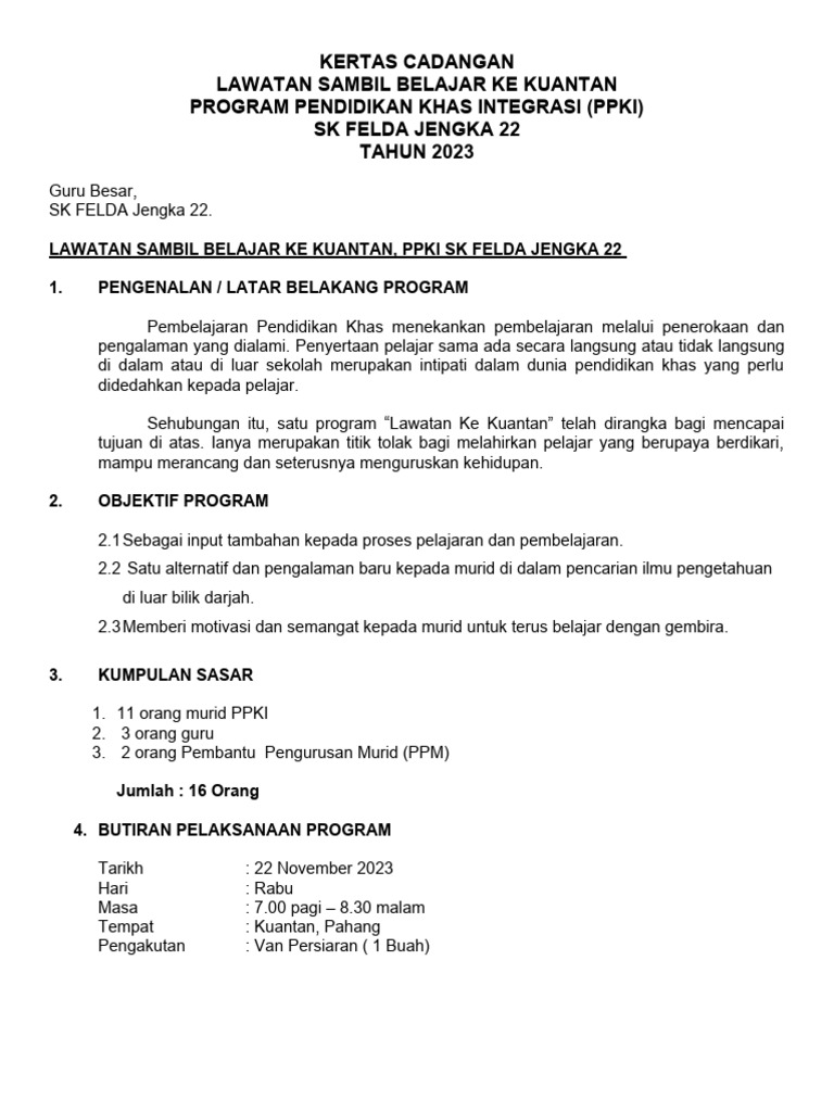 Kertas Cadangan Lawatan Kuantan | PDF