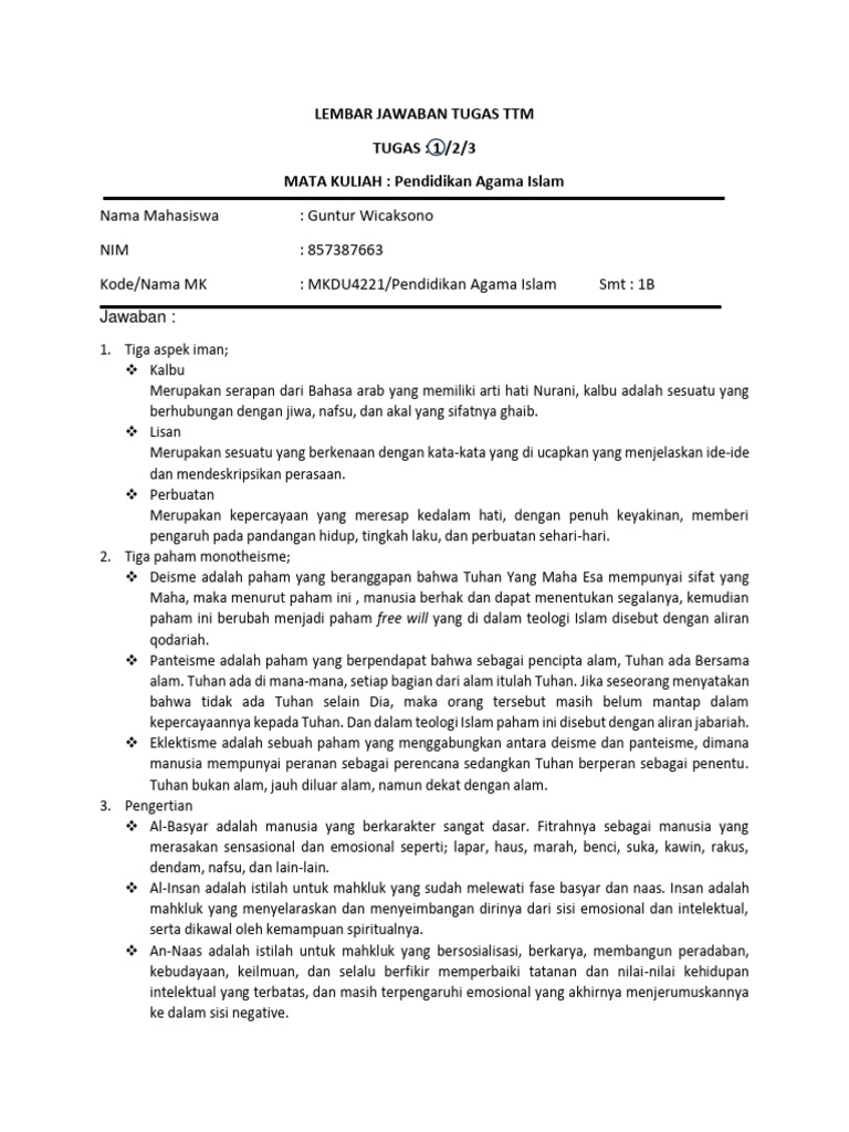 Lembar Jawaban Tugas TTM Mkdu4221 Pendidikan Agama Islam | PDF