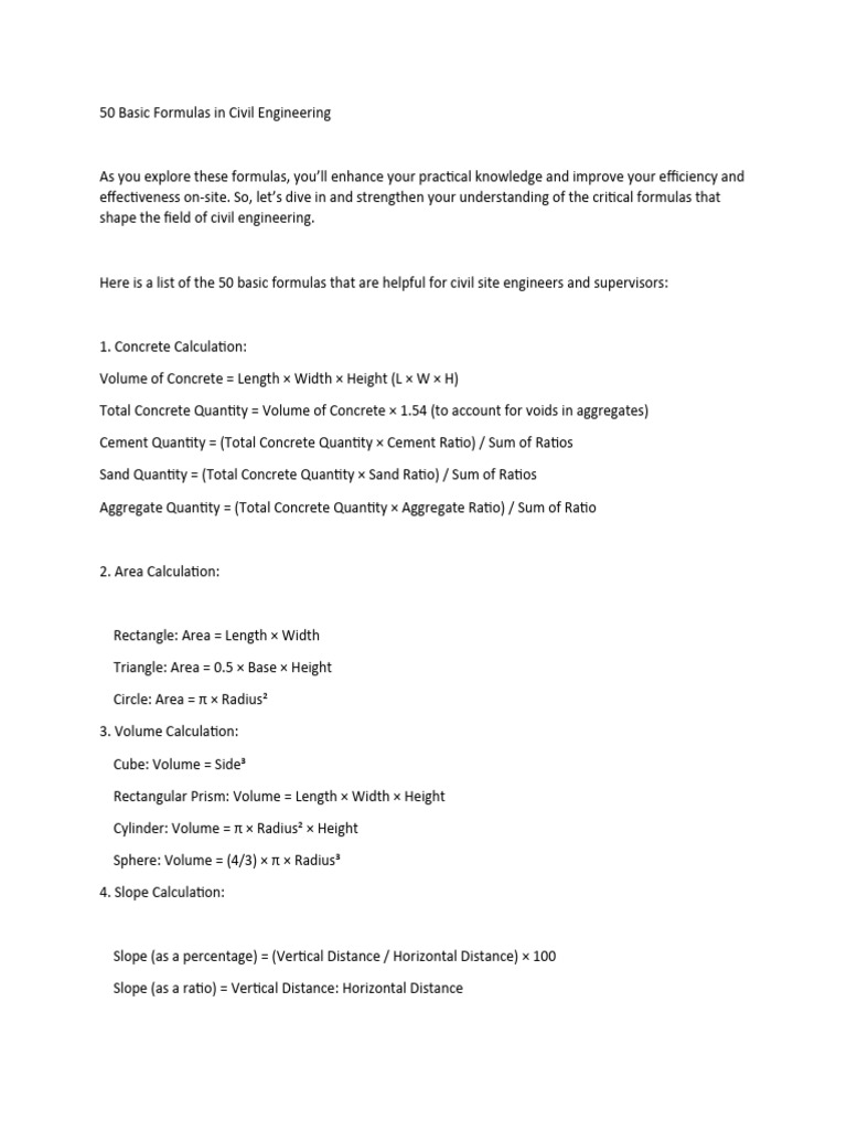 50 Basic Formulas in Civil Engineering | PDF | Area | Beam (Structure)