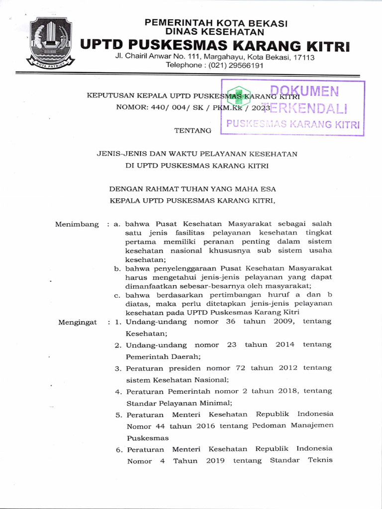 SK Jenis Dan Waktu Pelayanan Terkendali | PDF