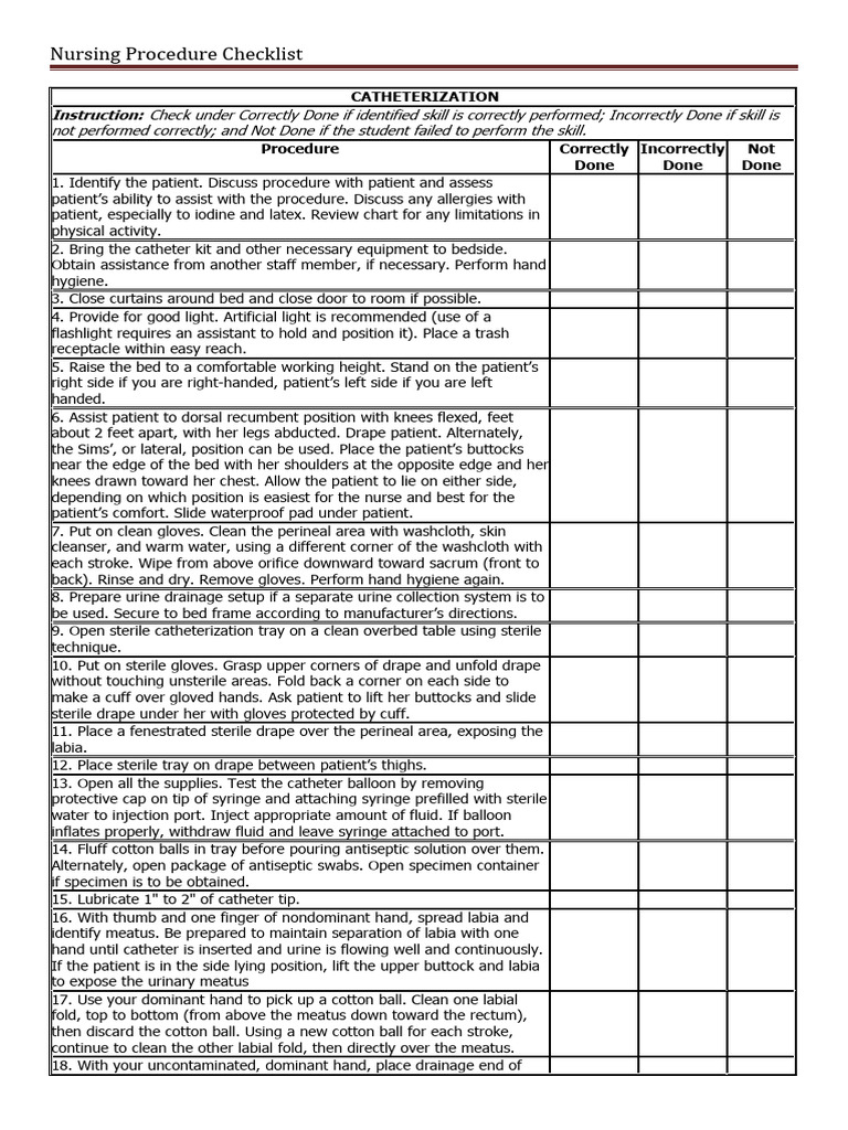 Catheterization Checklist | PDF | Catheter | Syringe