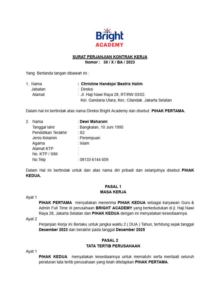 Kontrak Kerja Dewi Maharani di Bright Academy | PDF