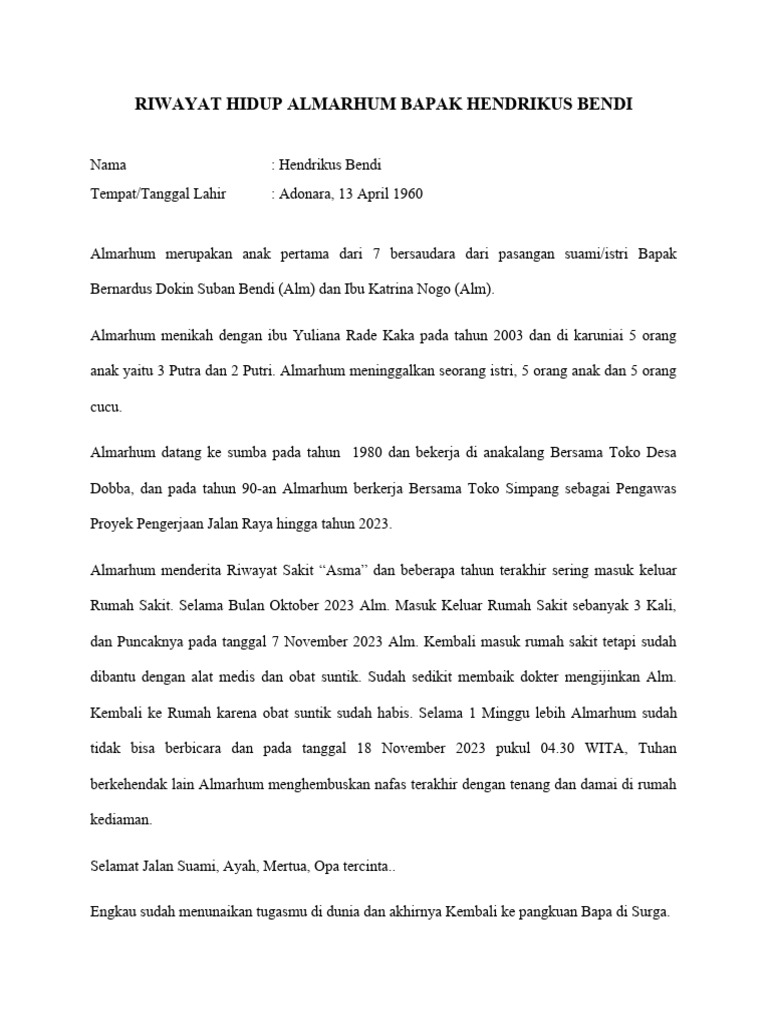 Riwayat Hidup Almarhum Bapak Hendrikus Bendi | PDF