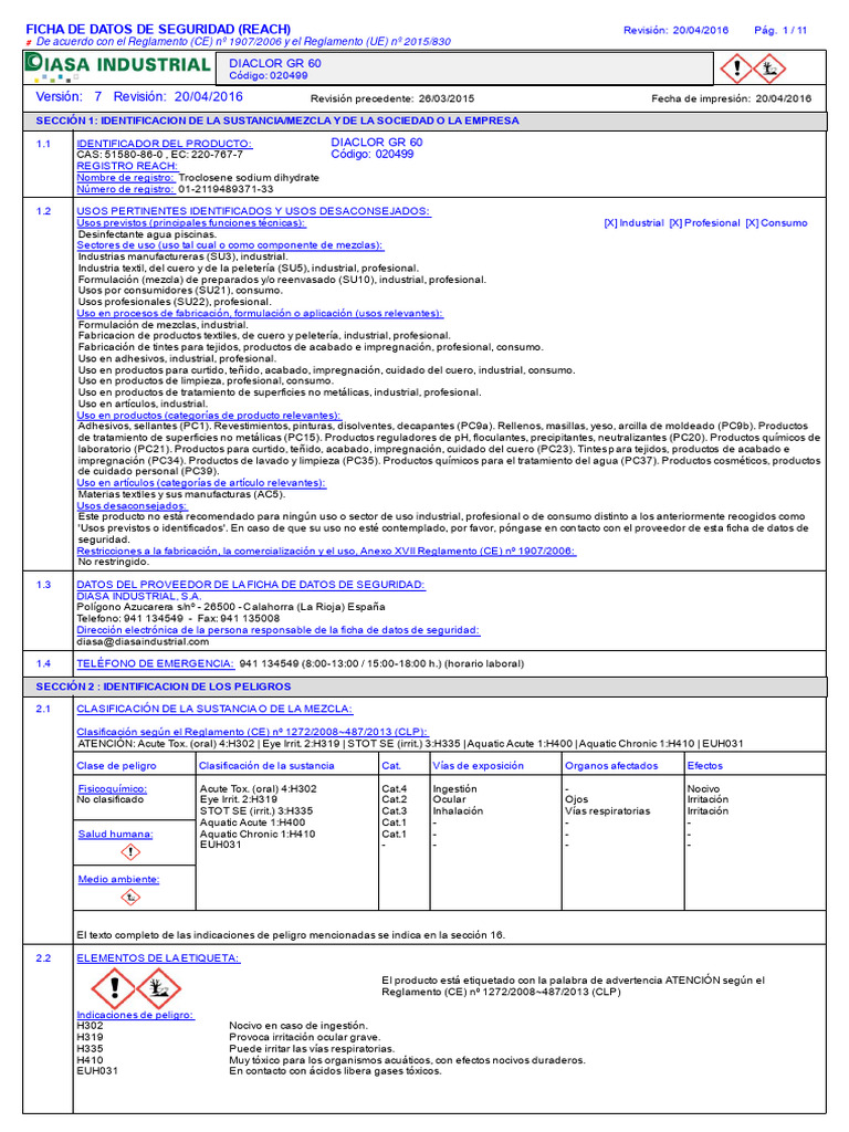 Ficha Seguridad - Diaclor GR 60 | PDF | Agua | Toxicidad
